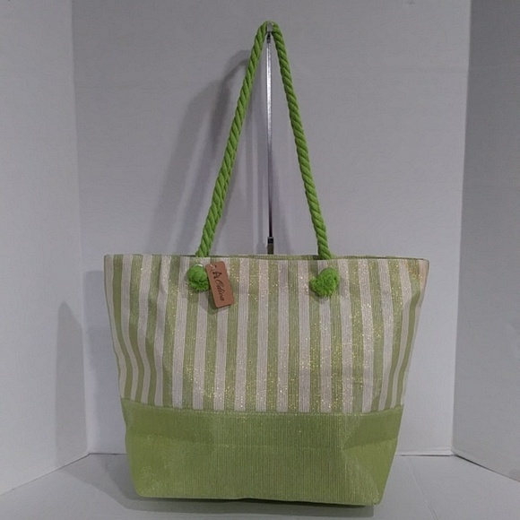 Odiva | Bags | Odiva Pastel Green Gold Beach Stripe Tote Bag Nwt | Poshmark